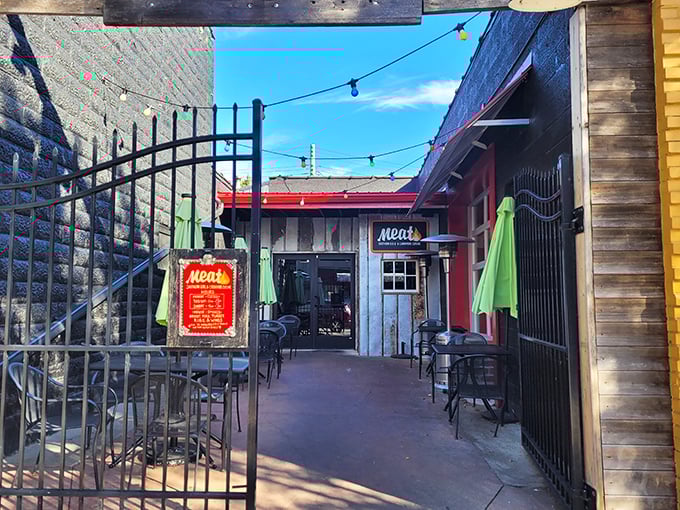 Meat BBQ's unassuming entrance hides behind brick walls &ndash; like finding a secret doorway to smoked meat paradise in Lansing.