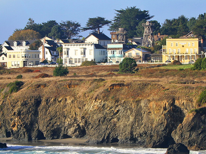 Mendocino's coastal homes perch dramatically on the cliffs. They've been watching the Pacific's mood swings longer than most marriages last.