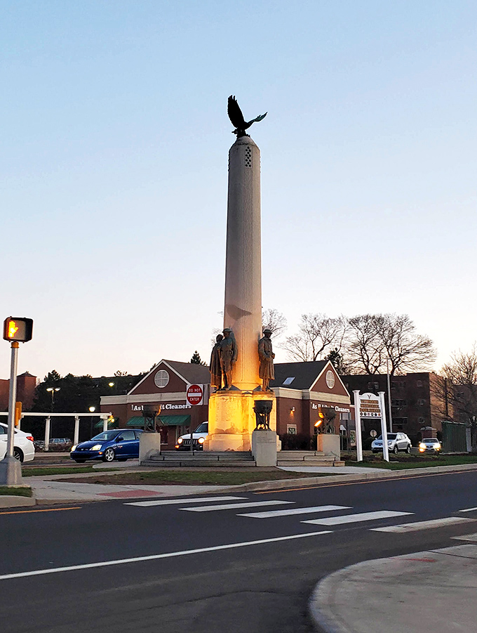Meriden's monument stands proud at the intersection, a reminder that this city's been here long before strip malls existed.