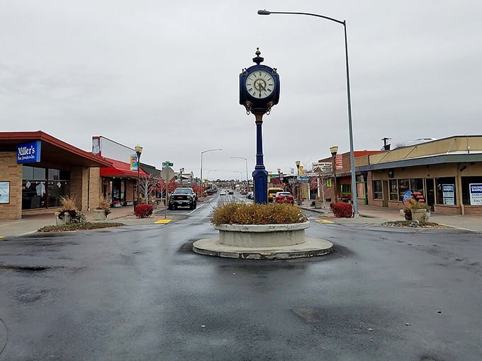 Moses Lake's town center features a distinctive blue clock, marking time in a place where life moves at a pleasantly affordable pace.