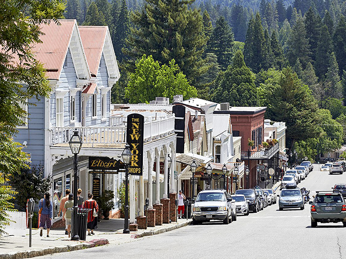Nevada City's brick buildings and iron balconies create a Gold Rush era time capsule.