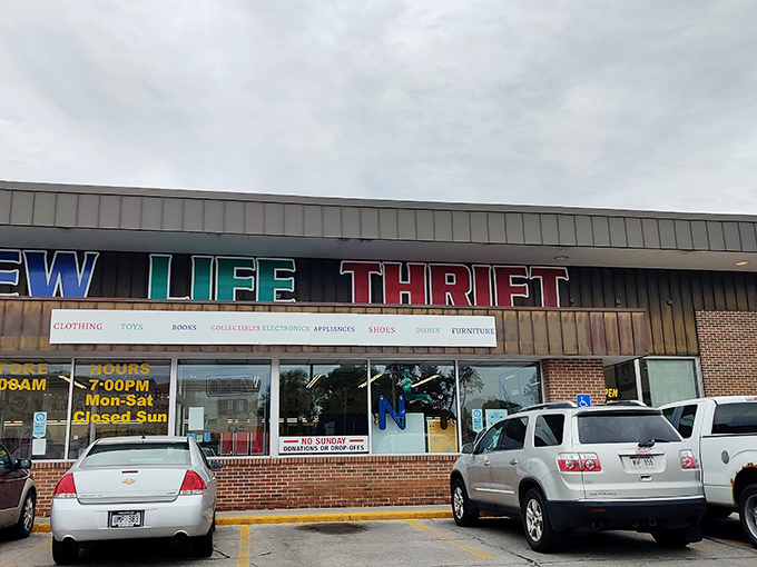 New Life Thrift's colorful storefront sign tells you exactly what you'll find inside&mdash;a rainbow of secondhand possibilities.