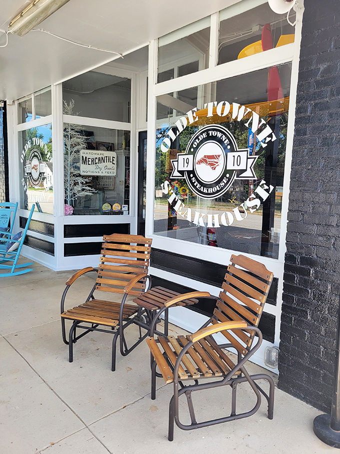 Rocking chairs and small-town charm invite you to "sit a spell" before diving into steak paradise.