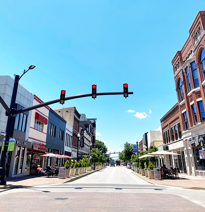 Owensboro's downtown architecture stands proud with its mix of historic facades and welcoming awnings for shade.