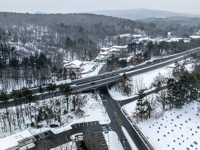 Winter's white blanket transforms Palmer's interchange into a snow globe scene where living costs remain frozen at delightfully 1990s levels.