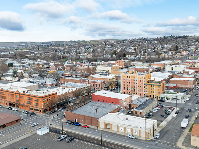 Pendleton's affordable downtown area spreads below rolling hills, offering a bird's-eye view of this budget-friendly Eastern Oregon gem.