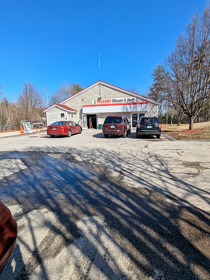 Pickers Discount & Thrift sits in a humble building under clear blue skies. This unassuming exterior hides a wonderland of bargains inside.