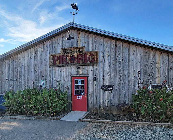 Pik N Pig's rustic wooden exterior and red door are like a barbecue fairy tale come to life in rural Carthage.