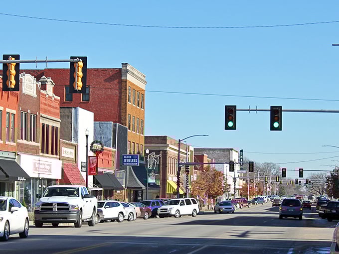 Bright skies and bustling storefronts bring a friendly energy to downtown Ponca, where locals and visitors enjoy small-town Arkansas charm.