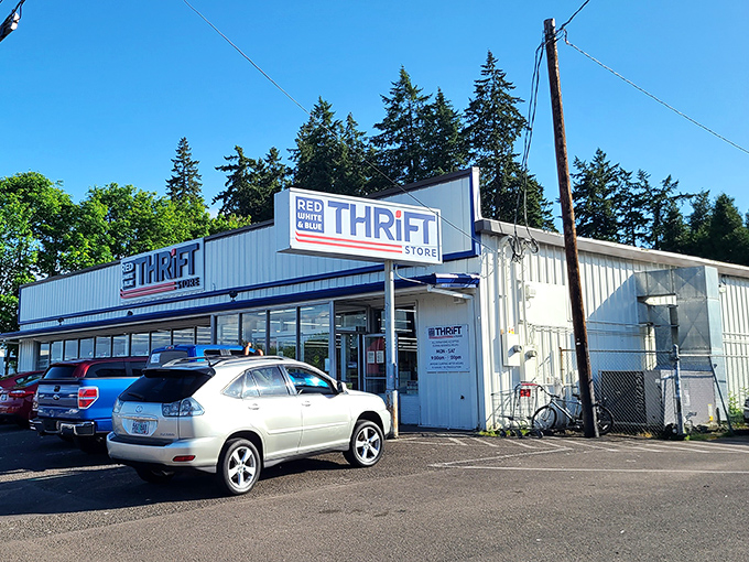 Blue walls, red trim, and 25% off Wednesdays&mdash;this thrift store's patriotic palette matches its name perfectly.