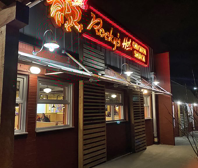 When a neon rooster glows this bright at night, you know you're in for some seriously good hot chicken.