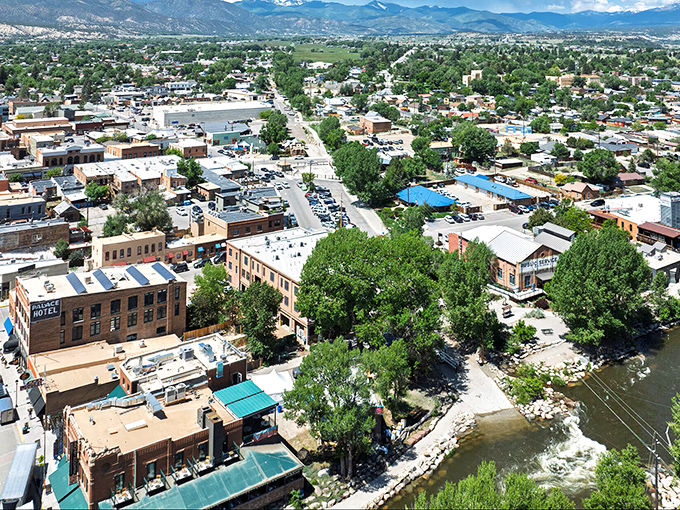 The streets of Salida from a bird's eye view offer that perfect blend of mountain town charm and artistic flair, with peaks playing peekaboo in the background.