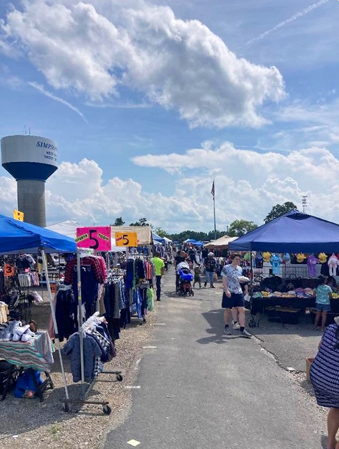 Blue tents dot the landscape like a cheerful village where bargains bloom beneath those picture-perfect clouds.
