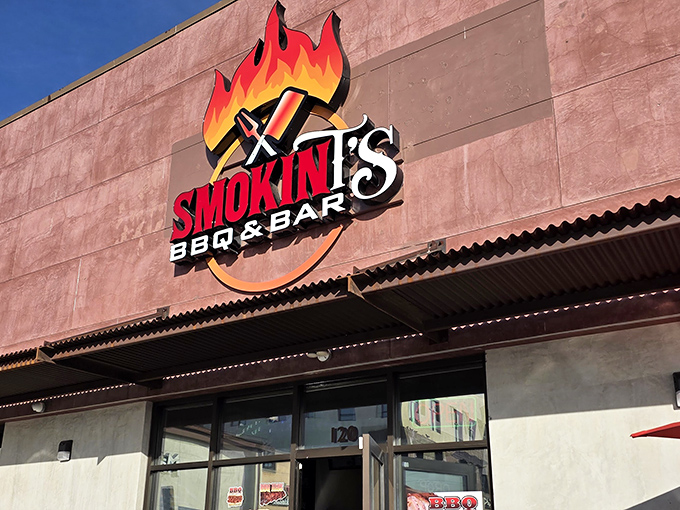 SmokinT's brick exterior and red roof hint at the fiery flavors waiting inside. Subtlety isn't on the menu here!