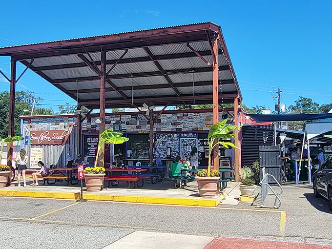 Old gas station turned barbecue haven. The only fuel they're pumping now feeds your soul, not your car!