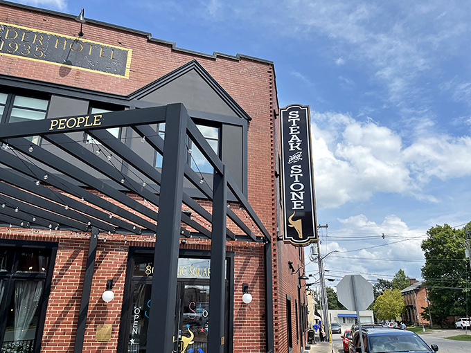 Steak & Stone's brick building promises sizzling excitement—the Batman signal for hungry carnivores!