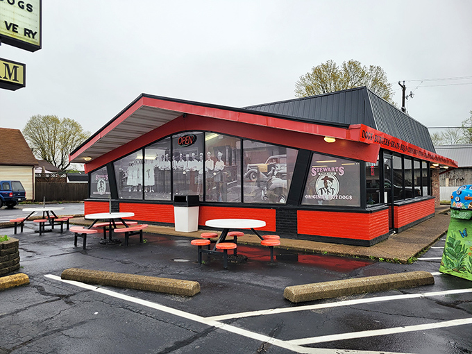 Stewart's bright red building stands out like a perfectly grilled hot dog on a plain white plate &ndash; impossible to ignore!