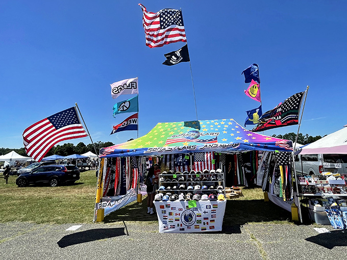 Flags wave proudly over outdoor treasures where every tent holds someone's forgotten gold.