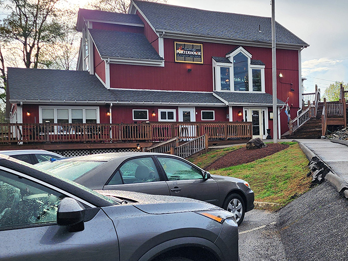 Sturbridge Porterhouse's bright red exterior is like a cardinal in winter&mdash;impossible to miss and promising warmth inside.