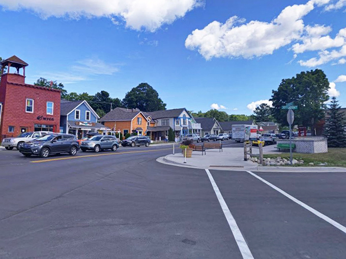 Suttons Bay's colorful storefronts pop against the blue Michigan sky, like a budget-friendly postcard come to life.