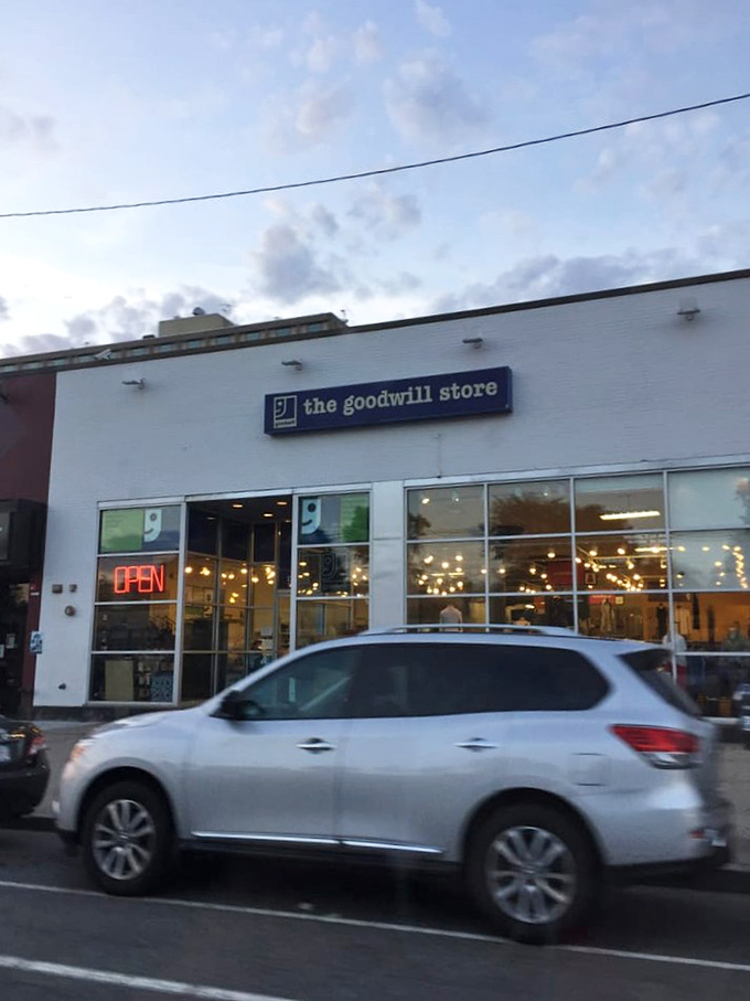 The Goodwill on Commonwealth Avenue glows with possibility as evening approaches. Boston's favorite thrift destination awaits your exploration.