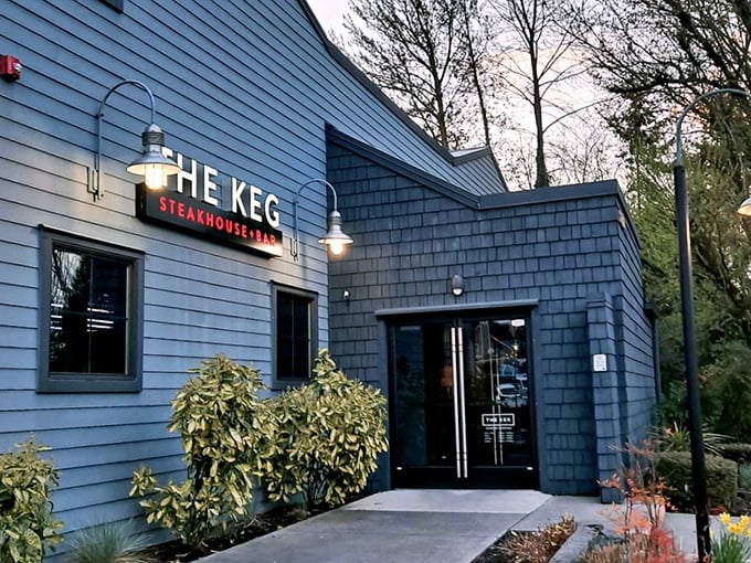 The Keg's blue exterior might fool you, but inside lies serious steak game worthy of any celebration.