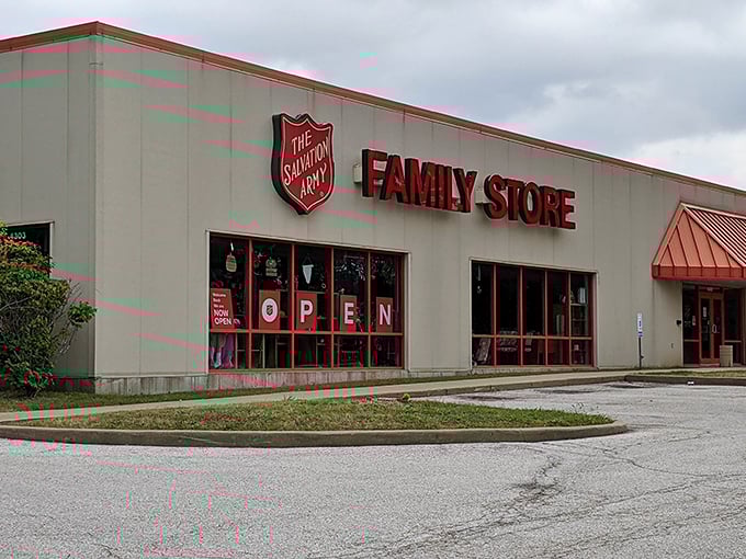 The Salvation Army's iconic shield beckons bargain hunters like a lighthouse for the thrifty. Adventure awaits inside!