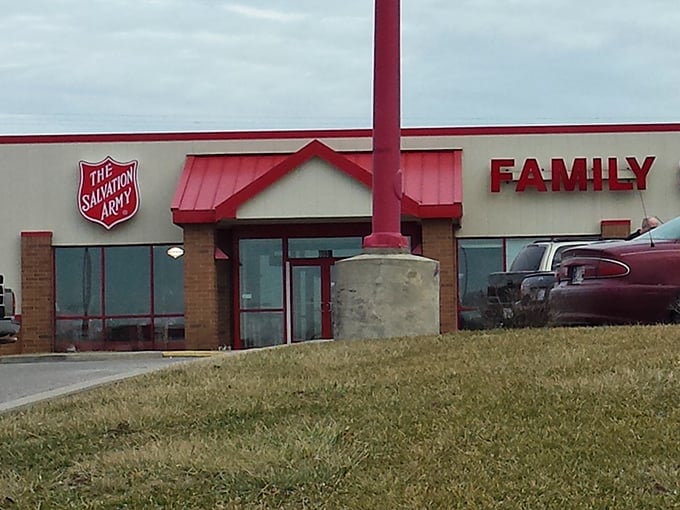 The Salvation Army's red roof beckons like a beacon for bargain hunters seeking quality finds at unbeatable prices.
