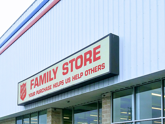 The Salvation Army's red and blue trim hints at the patriotic bargains waiting inside this thrifter's wonderland.