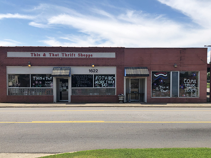This & That's charming brick storefront whispers "come explore" to anyone seeking affordable vintage treasures.