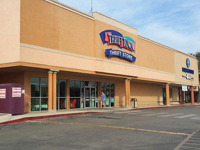 The tan exterior might be modest, but inside lies a thrift shopping universe waiting to explore.