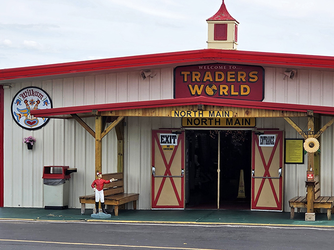 Welcome to Traders World, where the red barn exterior promises old-fashioned values and modern bargain hunting.