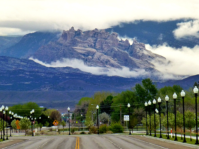 Vernal's main drag stretches toward distant mesas, where dinosaurs once roamed and retirees now thrive.