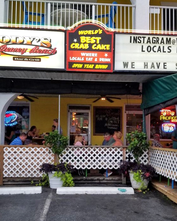 "World's Best Crab Cake" is a bold claim, but the crowd on Woody's patio suggests they might be onto something.