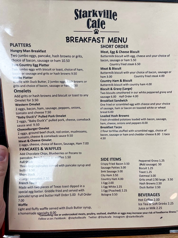 The breakfast menu reads like a love letter to Southern morning classics. Just try to choose only one item!