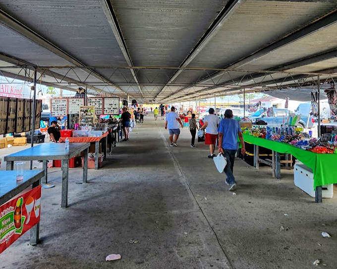 Clothing racks stretch endlessly while vendors create a rainbow of affordable fashion choices.