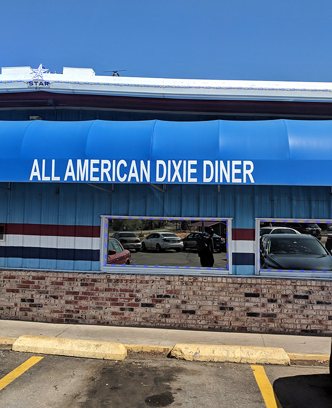 The bold blue awning announces this diner's presence like a tasty landmark on the Oklahoma landscape.