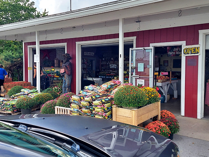 Fresh flowers and farm goods welcome you to a place where antiques and everyday needs peacefully coexist.