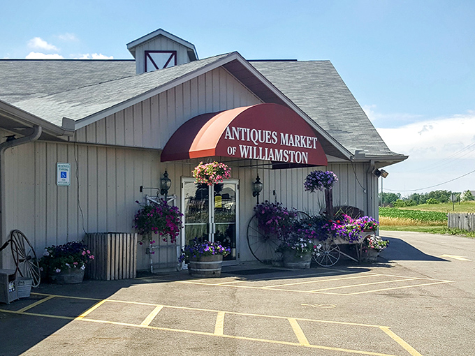 Antiques Market of Williamston: "Flowers blooming outside, treasures blooming inside. The hanging baskets are just appetizers for the main course of finds."