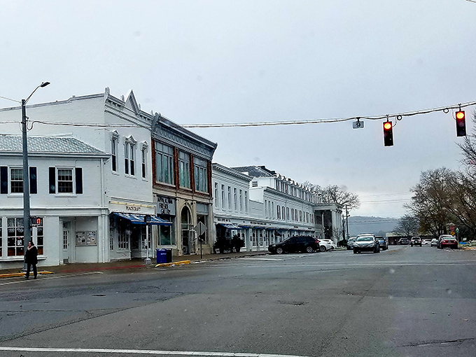 That grand white building anchors the town like a stately mansion overseeing its charming neighborhood kingdom.