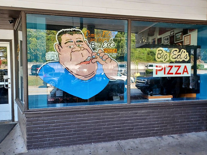 That cheerful pizza-eating character on the window is basically your personal invitation to happiness.