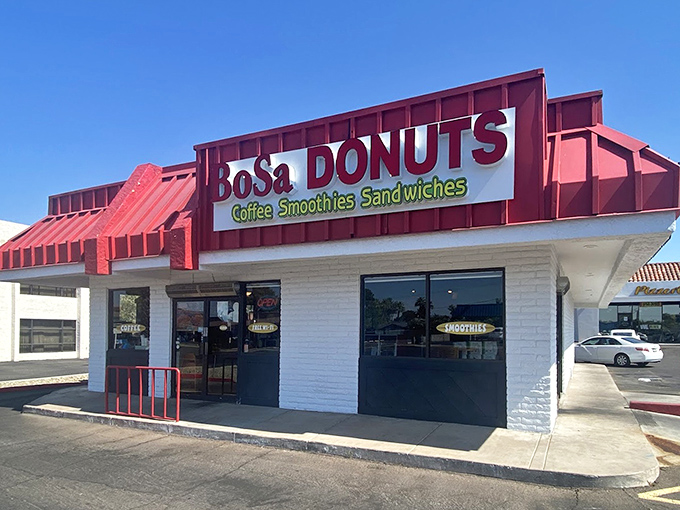 BoSa's classic white-and-red exterior houses donut dreams. Where smoothies and sandwiches play second fiddle to the star attractions.