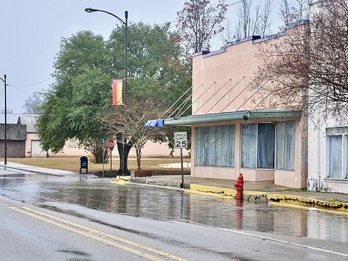 Rain-kissed streets reflect the quiet charm of this Cajun country town where every dollar counts.
