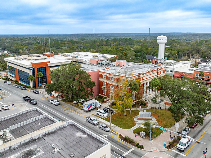 Downtown Brooksville from above &ndash; where historic charm meets affordable living in a rare Florida town with actual hills!