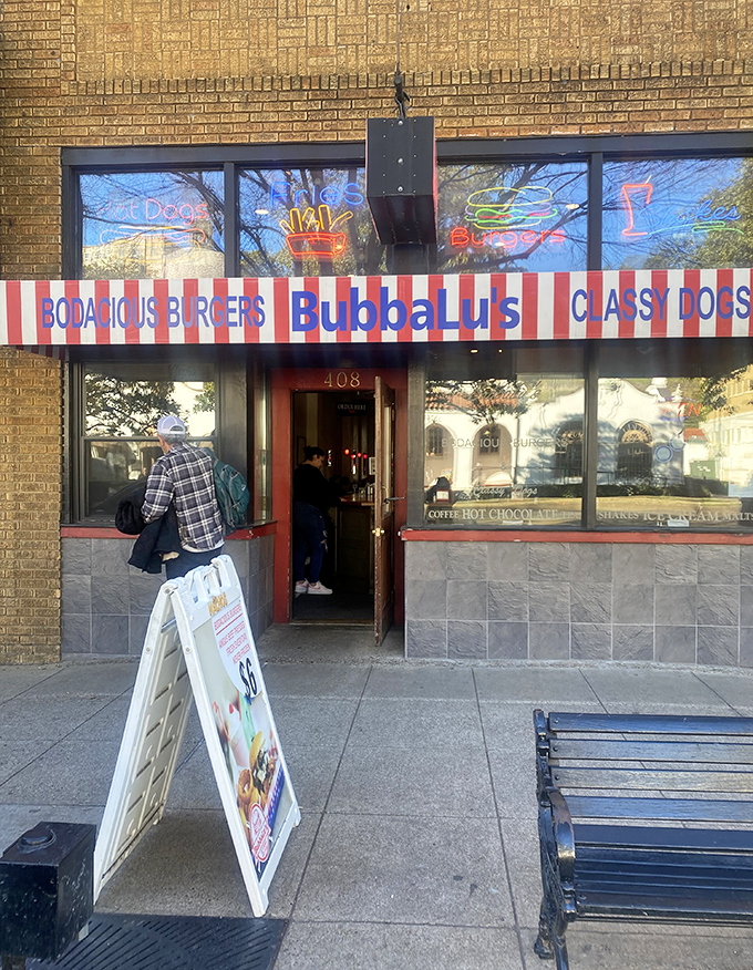 Central Avenue's answer to hunger pangs, where "Bodacious Burgers" shares the spotlight with those classy dogs.