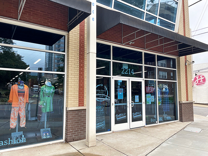 The clean lines and modern facade of Buffalo Exchange hint at the fashion-forward finds within. This isn't your grandma's thrift store!