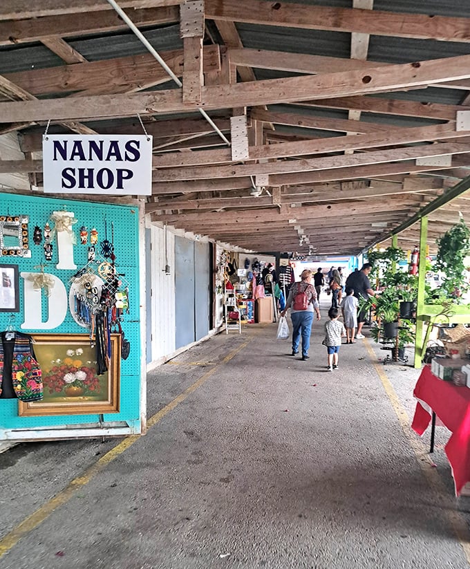 "Nana's Shop" sign hangs proudly above a treasure trove of vintage finds. Every corridor holds the possibility of discovery!