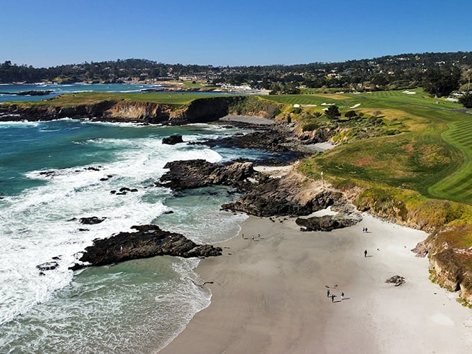 Dramatic coastline meets perfectly manicured golf greens in a view that belongs on a postcard rack.
