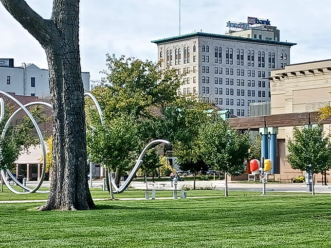 This aerial view shows Cedar Rapids sprawling sensibly - no pretentious towers, just honest Midwestern affordability.