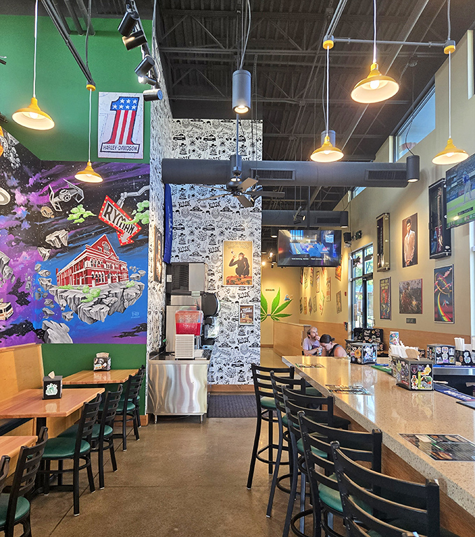 Inside Cheba Hut, vibrant murals and colorful art create the perfect backdrop for their creative toasted subs.